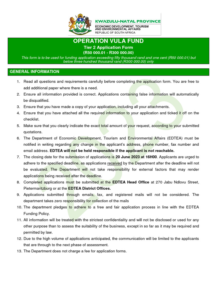 Operation Vula Fund Tier 2 Application | PDF