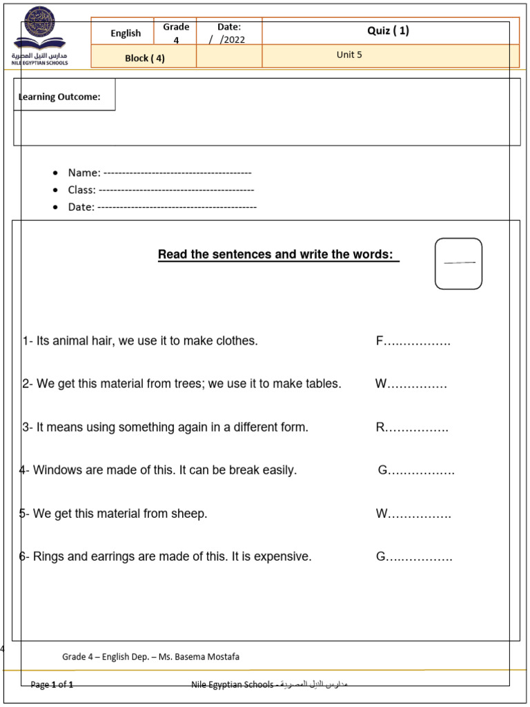 Quiz 1 - G4 - Unit 5 - B4 | Download Free PDF | English Language | Grammar