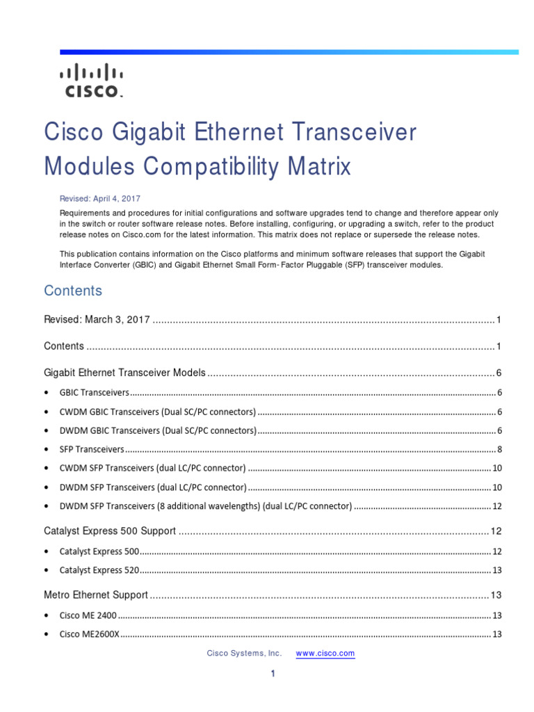 Cisco Gigabit Ethernet Transceiver Modules Compatibility Matrix Pdf Wavelength Division