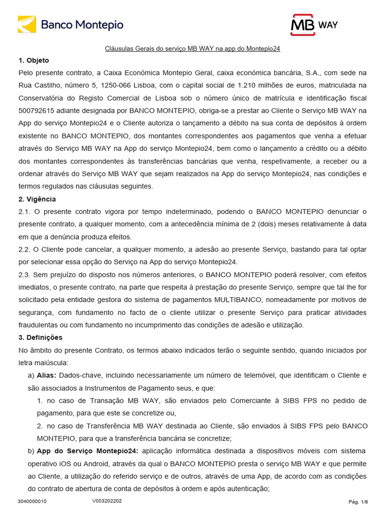 Cláusulas do Serviço MB WAY Montepio24 | PDF | Aplicativo para celular ...