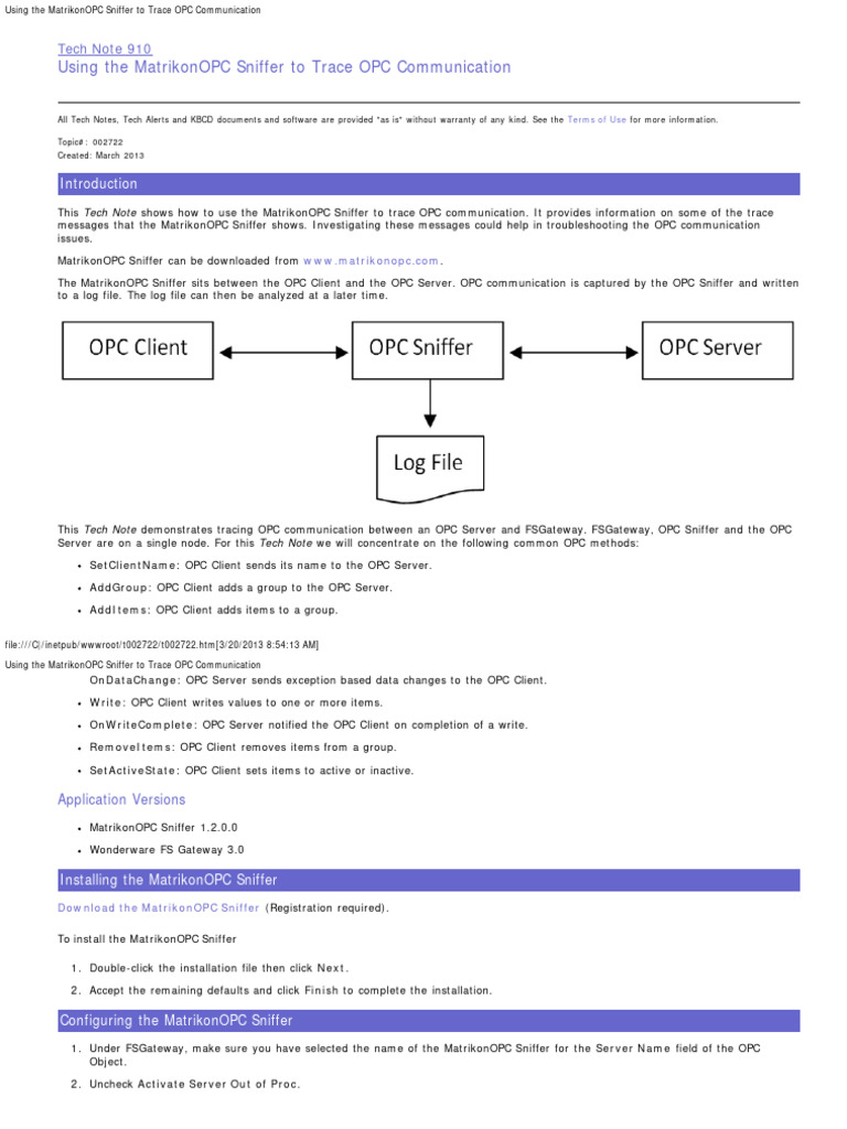 Tech Note 910 - Using The MatrikonOPC Sniffer To Trace OPC Communication | PDF