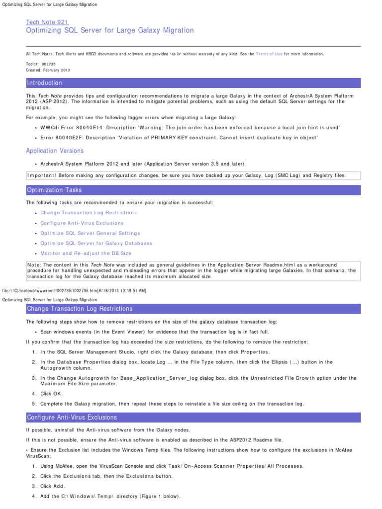 Tech Note 921 - Optimizing SQL Server For Large Galaxy Migration | PDF ...
