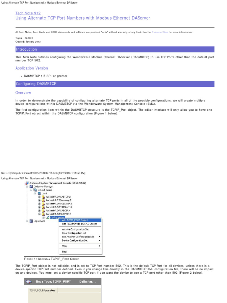 Tech Note 912 - Using Alternate TCP Port Numbers With Modbus Ethernet DAServer | PDF | Microsoft ...