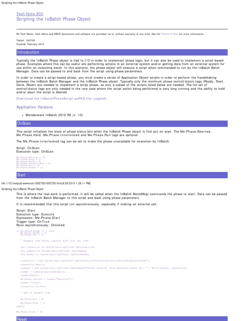 Tech Note 933 - Scripting The InBatch Phase Object | PDF | Computing | Computer Science
