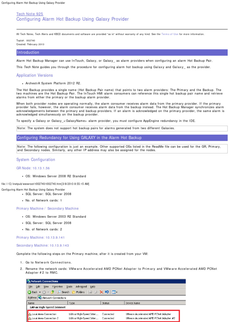Tech Note 925 - Configuring Alarm Hot Backup Using Galaxy Provider | PDF | Backup | Computing