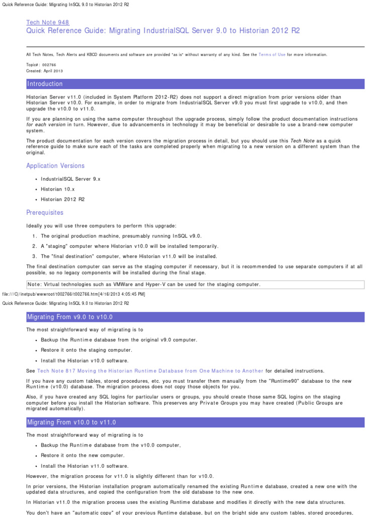 Tech Note 948 - Migrating InSQL 9.0 To Historian 2012R2 | PDF | Databases | Microsoft Sql Server