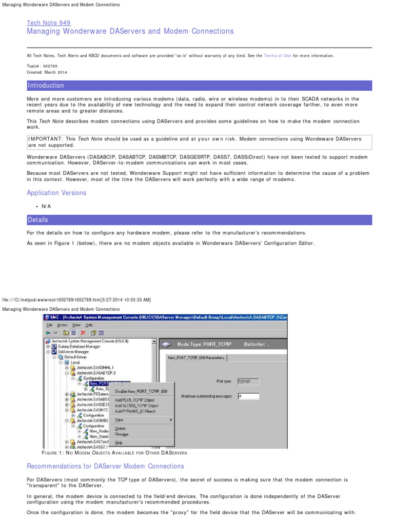 Tech Note 949 - Managing Wonderware DAServers and Modem Connections | PDF | Computers
