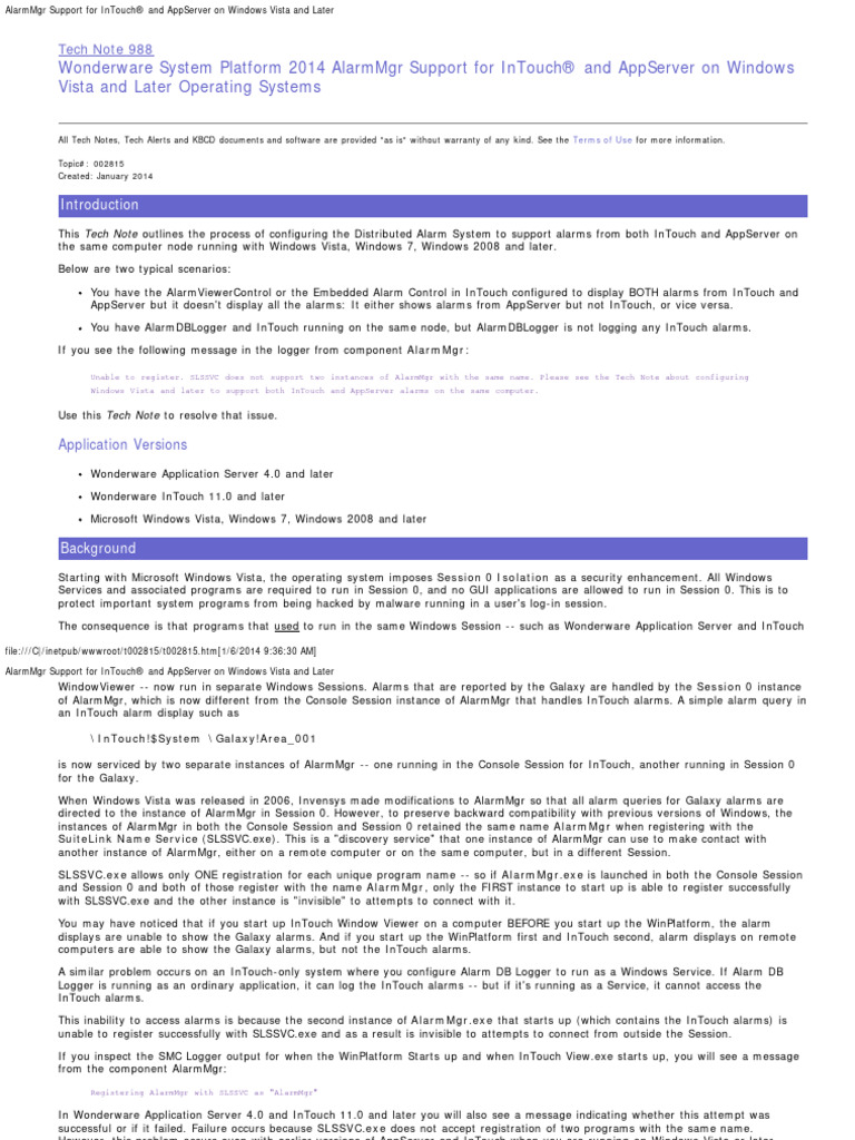 Tech Note 988 - Wonderware System Platform 2014 AlarmMgr Support For ...