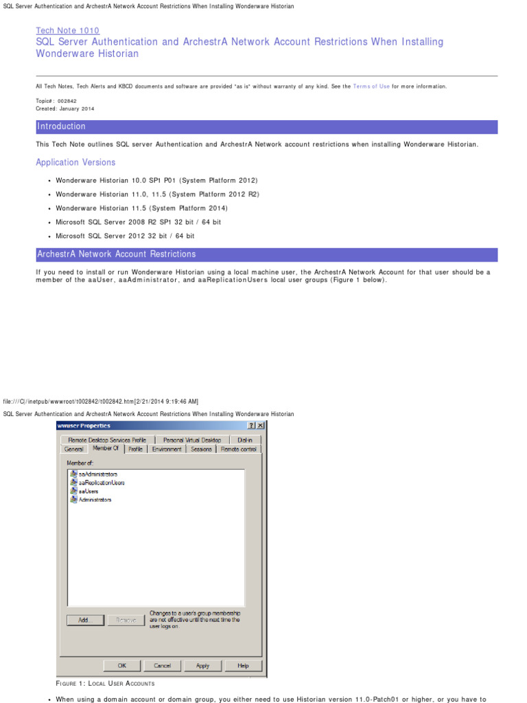 Tech Note 1010 - SQL Server Authentication and ArchestrA Network Account Restrictions When ...