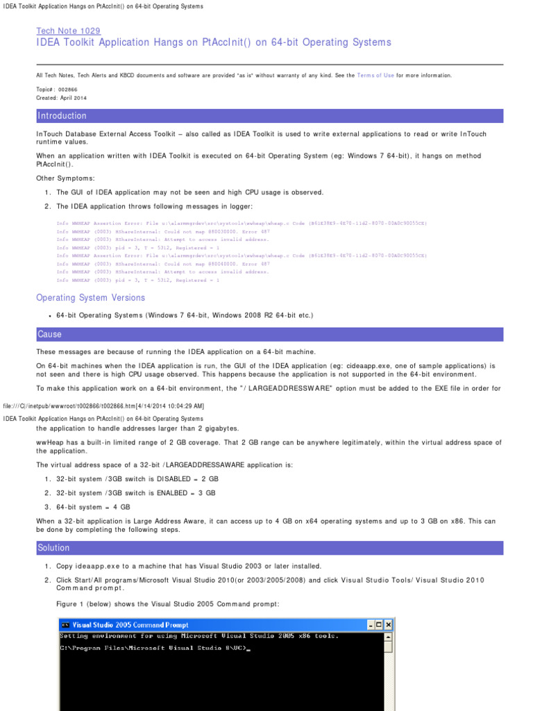Tech Note 1029 - IDEA Toolkit Application Hangs On PtAccInit On 64-Bit Operating Systems | PDF