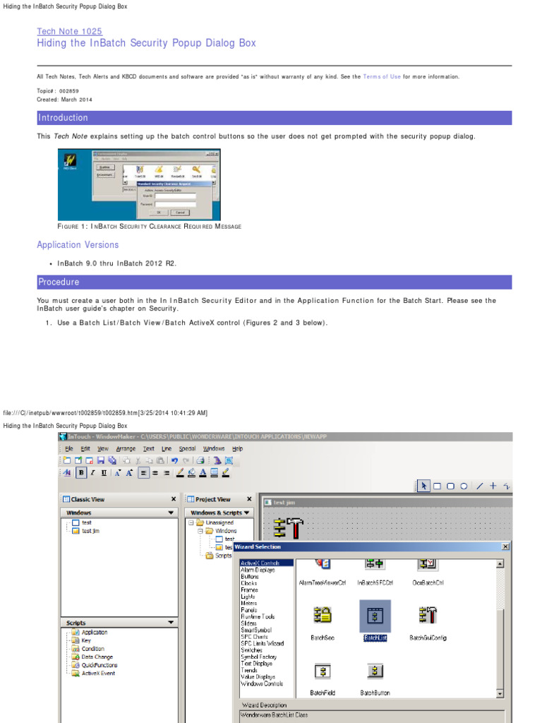 Tech Note 1025 - Hiding The InBatch Security Popup Dialog Box | PDF