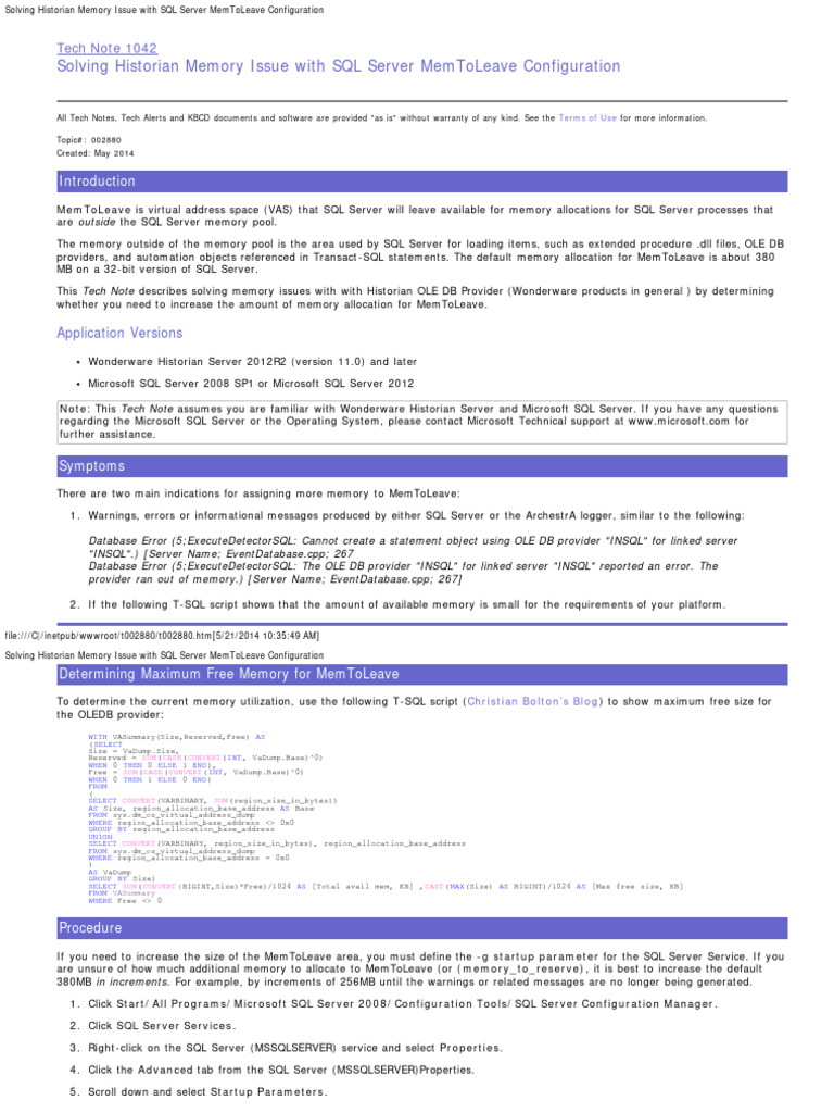 Tech Note 1042 - Solving Historian Memory Issue With SQL Server ... Tech Note 1042 - Solving Historian Memory Issue With SQL Server ...