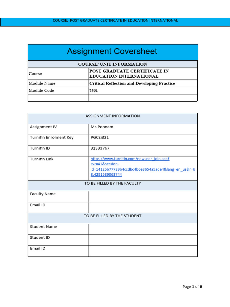 7501 Assignment Coversheet | PDF | Reflective Practice | Critical Thinking