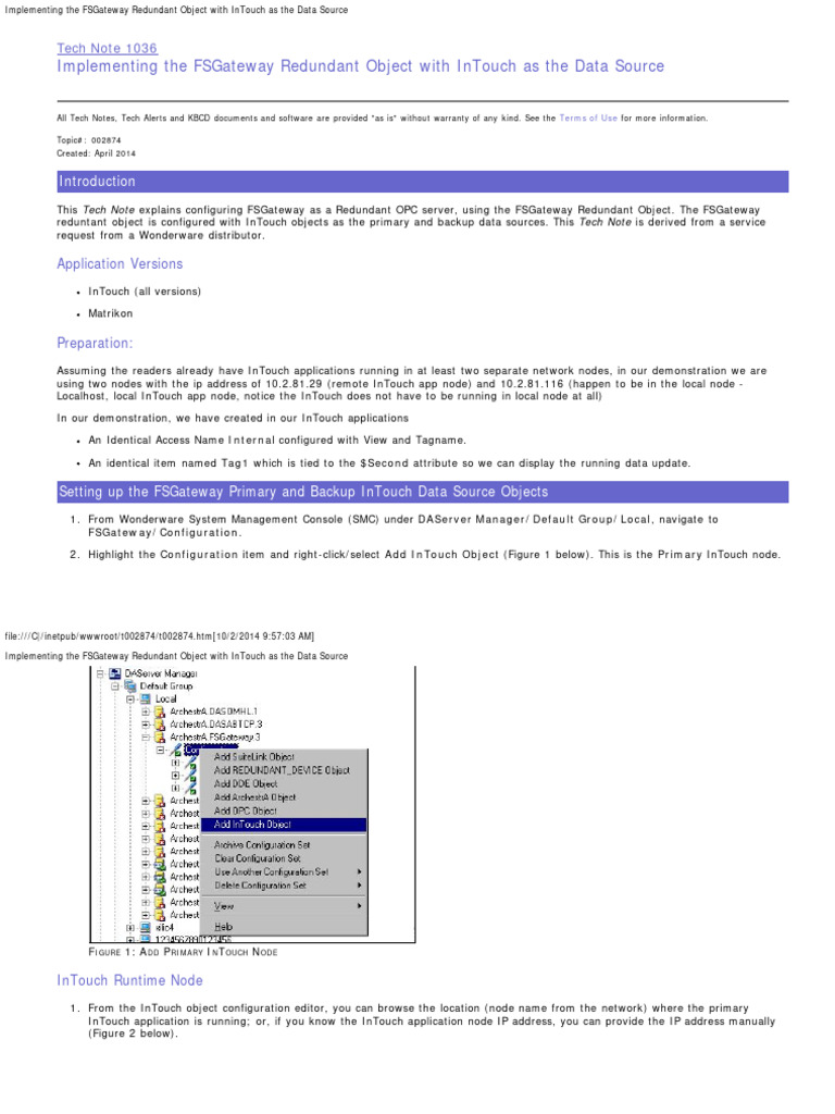 Tech Note 1036 - Implementing The FSGateway Redundant Object With InTouch As The Data Source ...