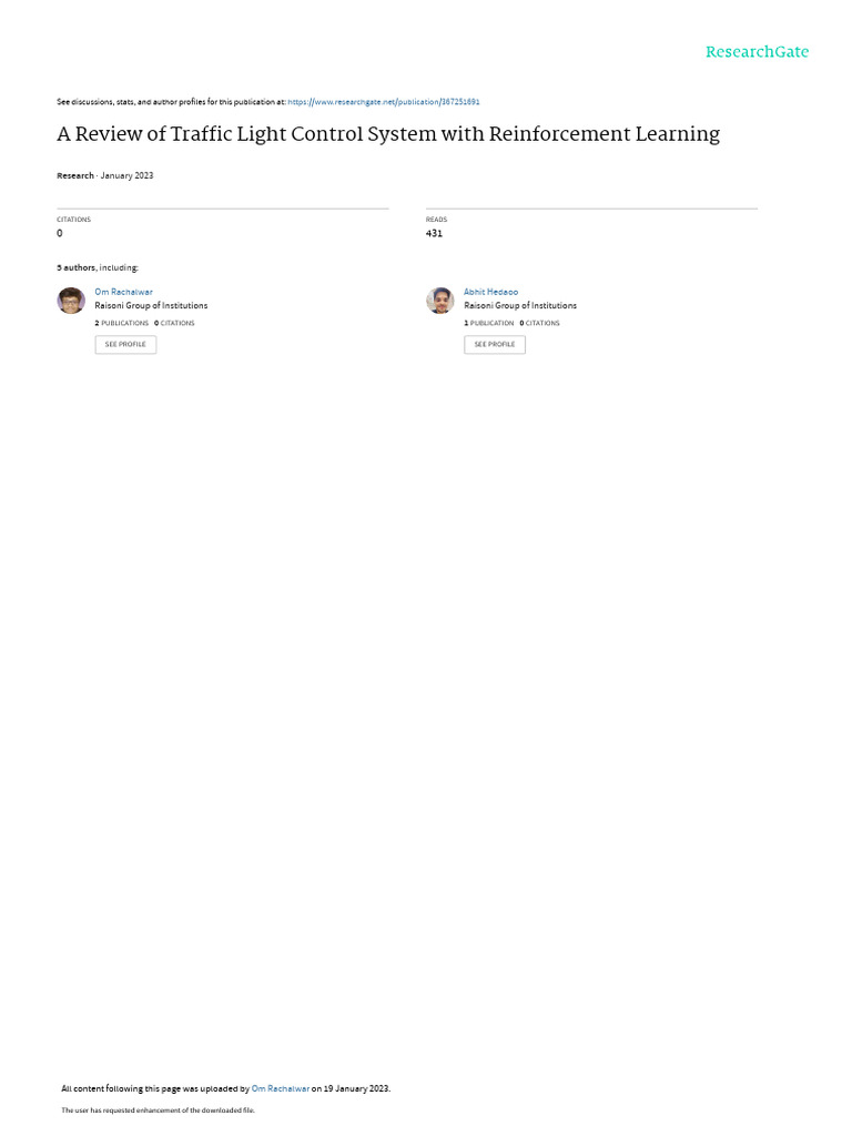 A Review of Traffic Light Control System With Reinforcement Learning | PDF