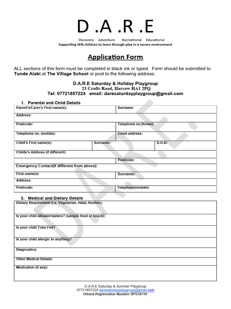Dare New Application Form Pdf