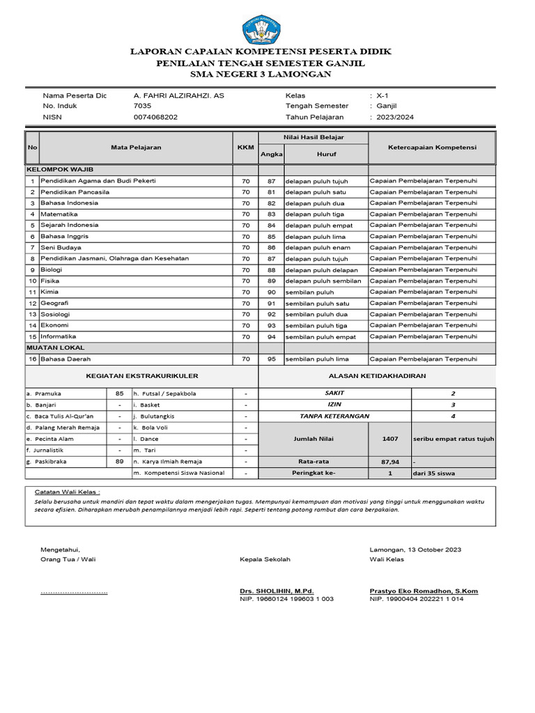 Contoh Rapor Kelas X | PDF