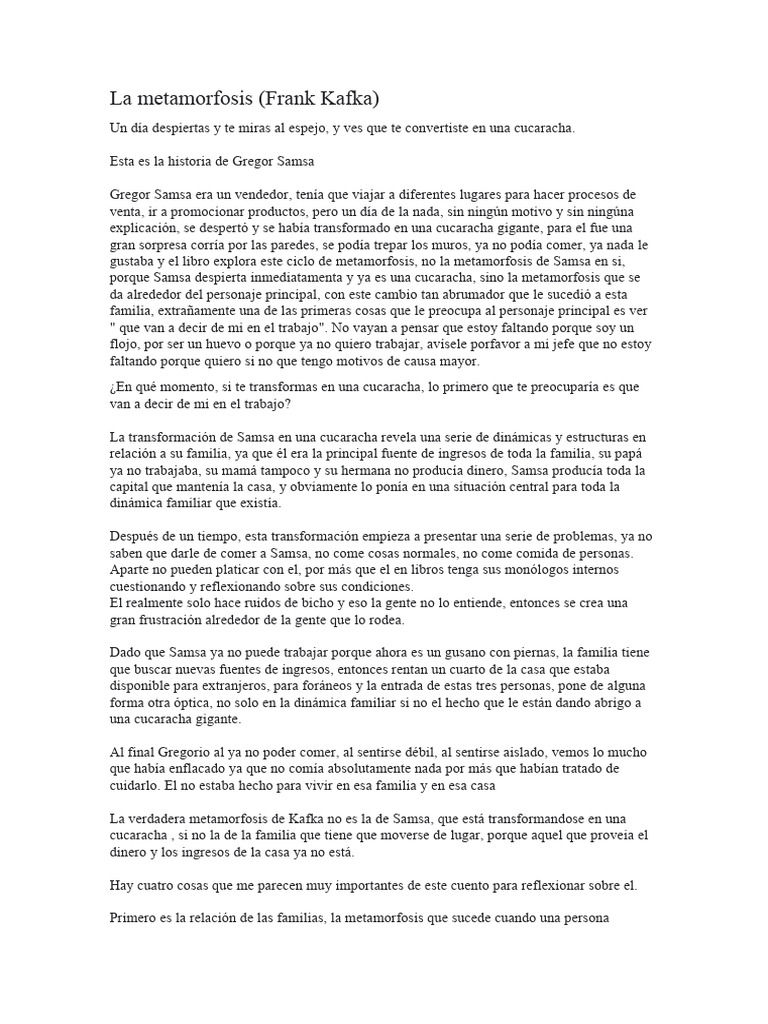 La metamorfosis de Gregor Samsa en Kafka | PDF
