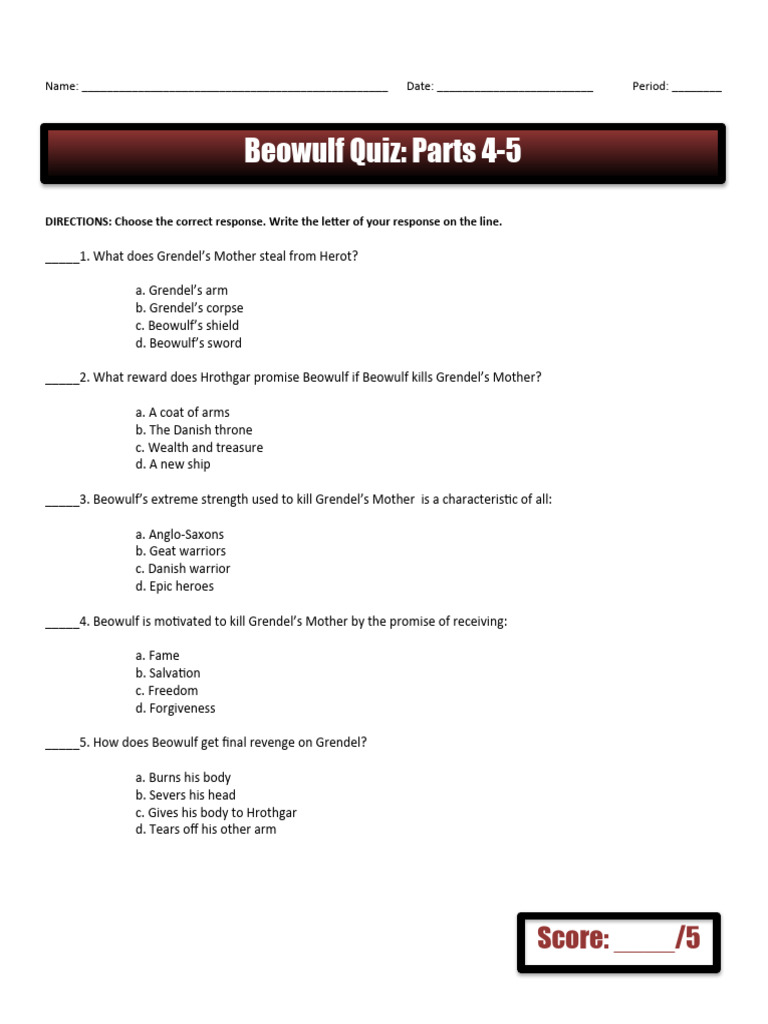 Beowulf Quiz Parts 4-5 | PDF