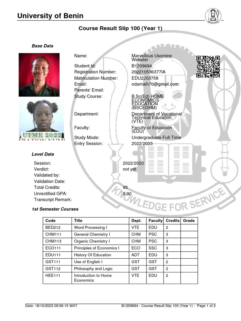 Course Result Slip | PDF | Science