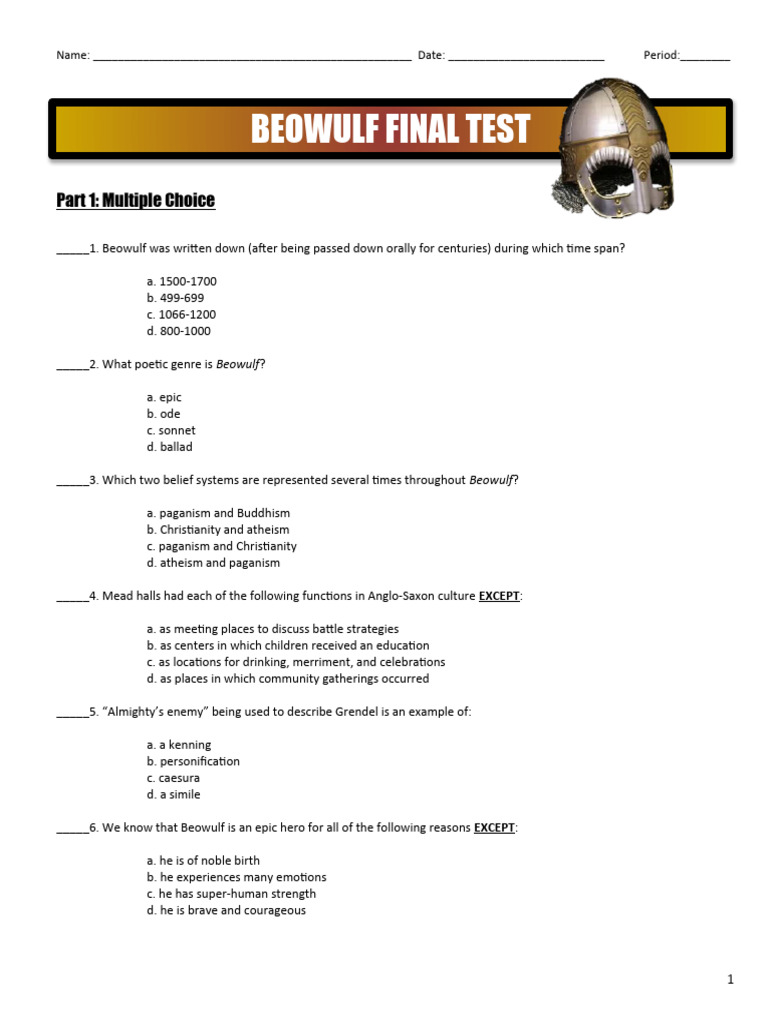 Beowulf Final Test | PDF
