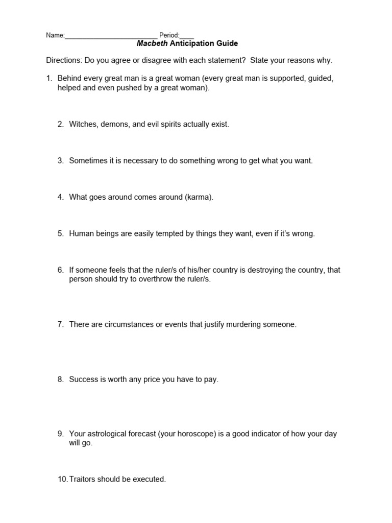 Macbeth Anticipation Guide | PDF | Macbeth | Shakespearean Characters