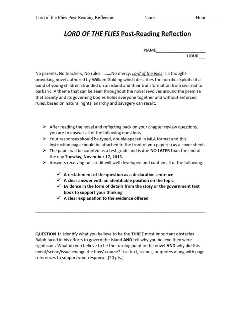 Flynn Final LORD of The FLIES Post-Reading Reflection Revised | PDF ...