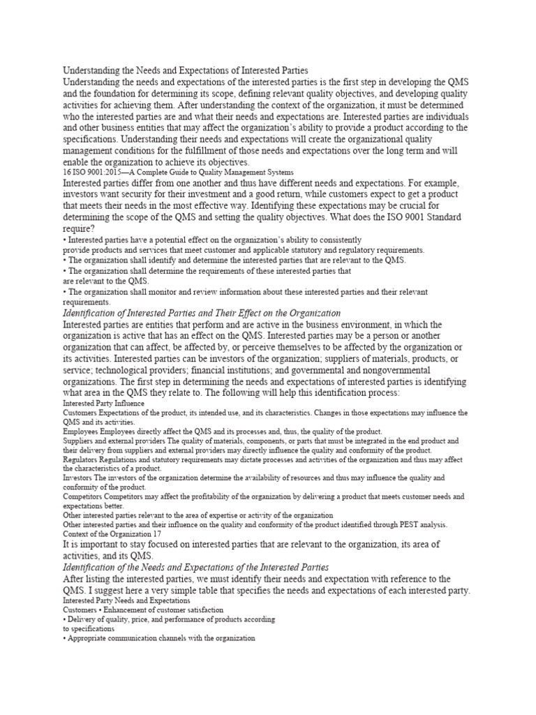 Understanding The Needs and Expectations of Interested Parties | PDF