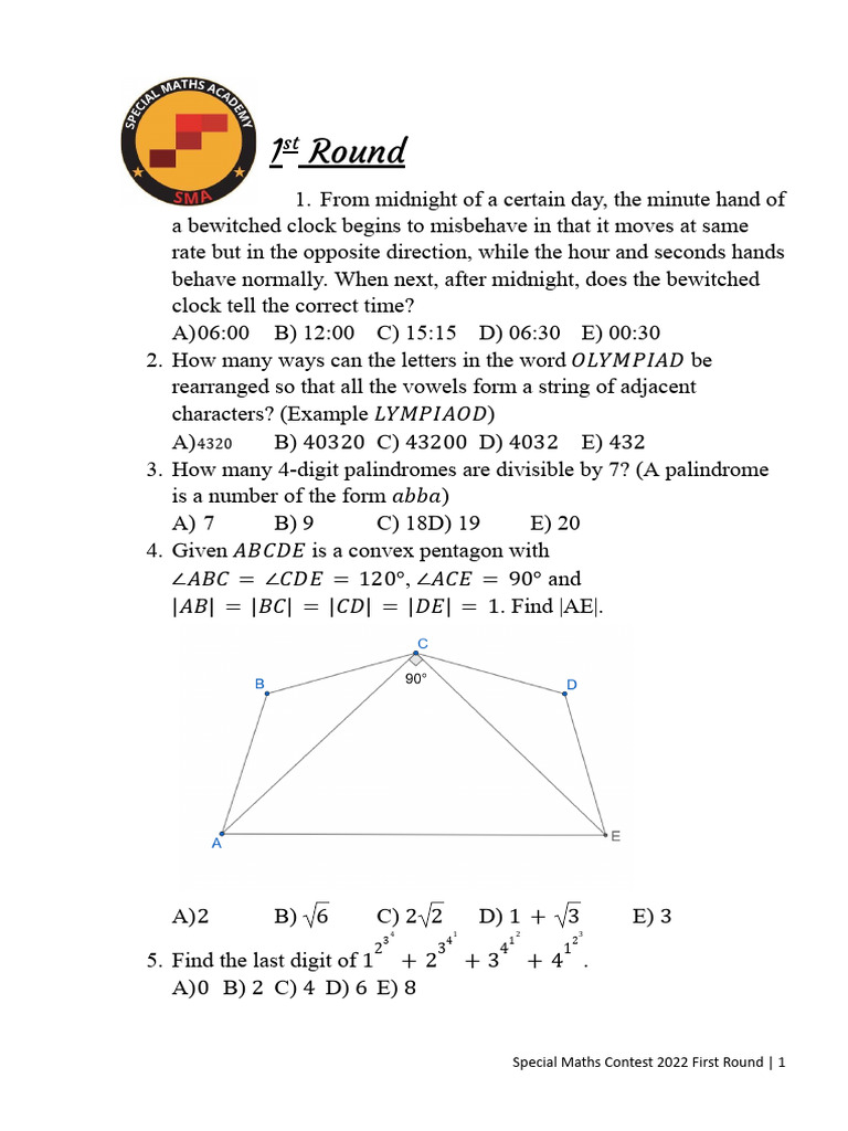 Special Maths Contest 2022 First Round Problems | PDF | Mathematics ...