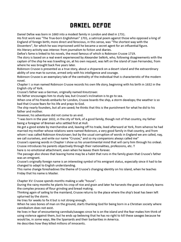 DANIEL DEFOE (Letteratura Inglese, Gaia Ruggiero) | PDF | Robinson ...