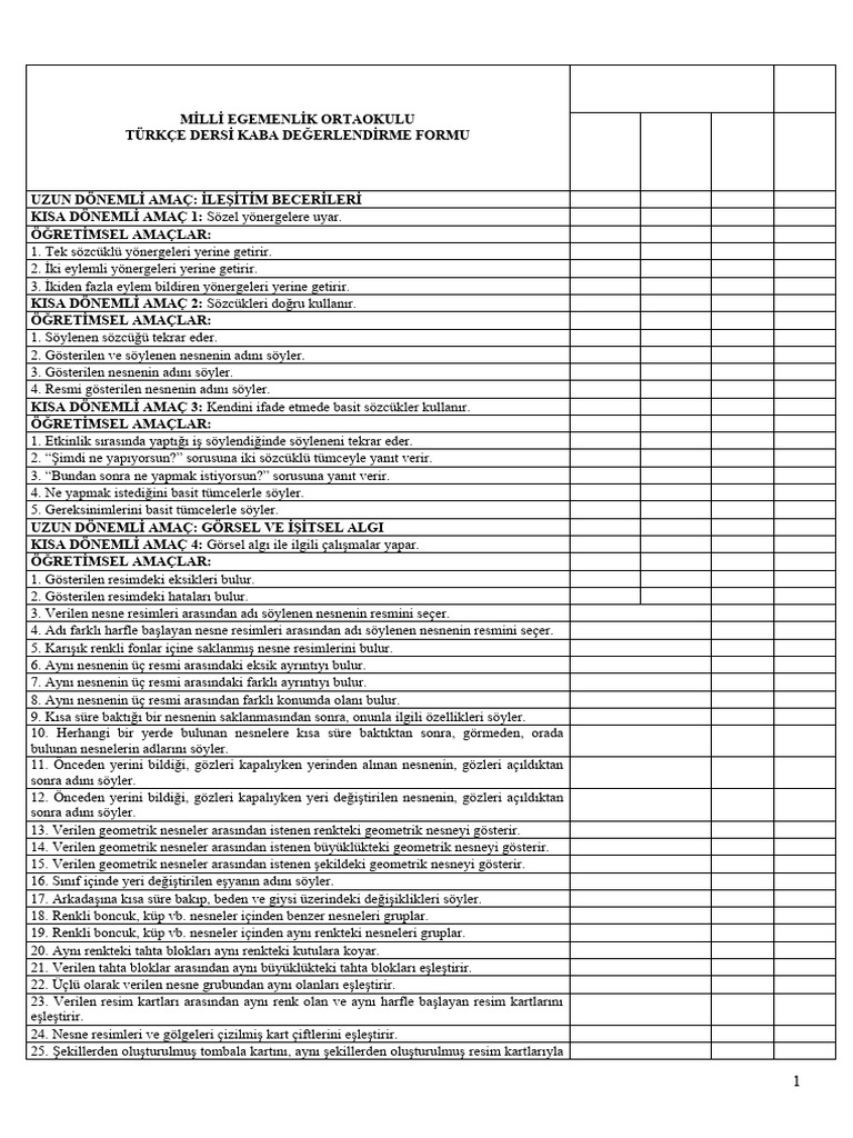 Türkçe Kaba Değerlendirme | PDF