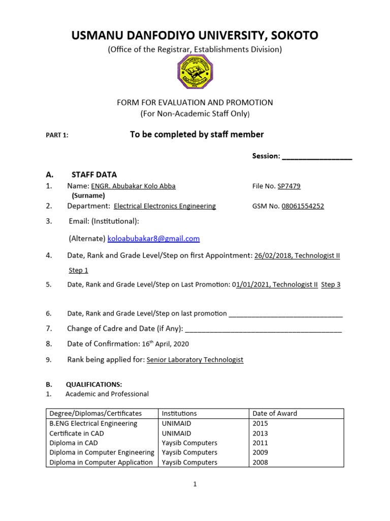 Evaluation Form For Non Academic Staff | PDF