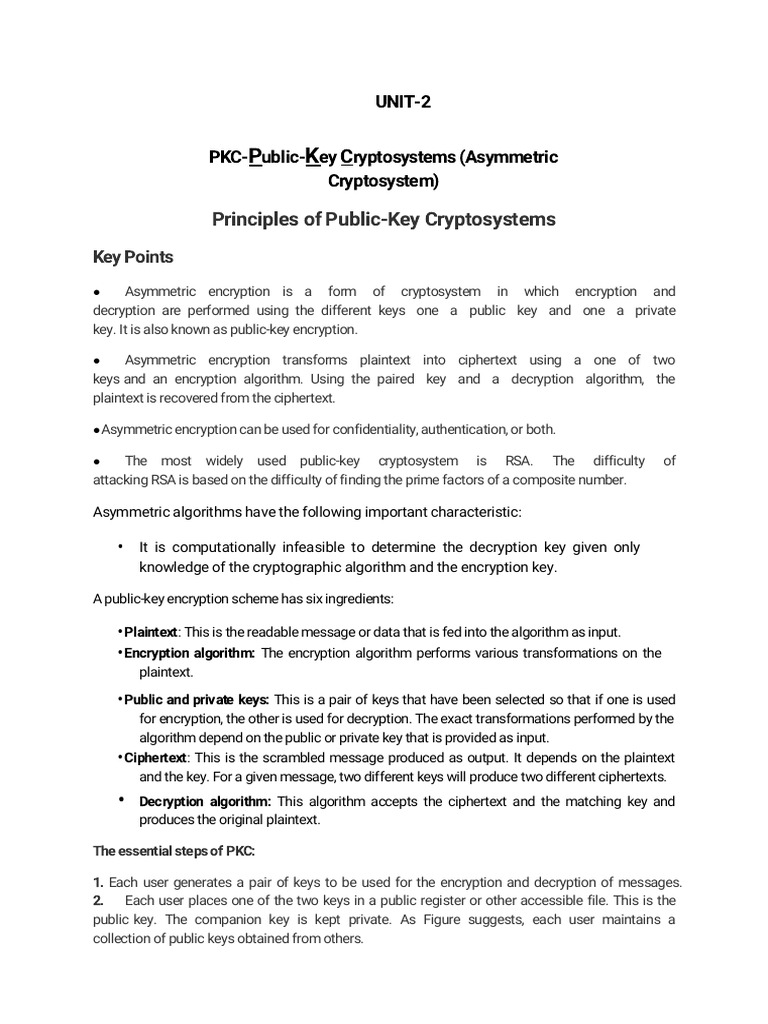 Principles of Public-Key Cryptosystems: UNIT-2 Pkc-Ublic - Ey Ryptosystems (Asymmetric ...