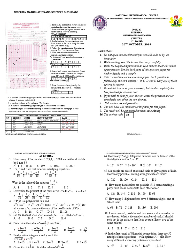 Junior Maths First Round 2018.. | PDF | Zero Of A Function | Algebra