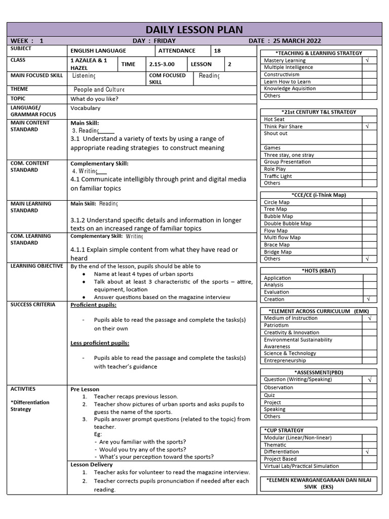 Form 1 Lesson Plan Pdpr 2 | PDF | Learning | Lesson Plan