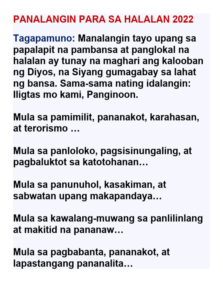 PANALANGIN PARA SA HALALAN 2022 | PDF PANALANGIN PARA SA HALALAN 2022 | PDF