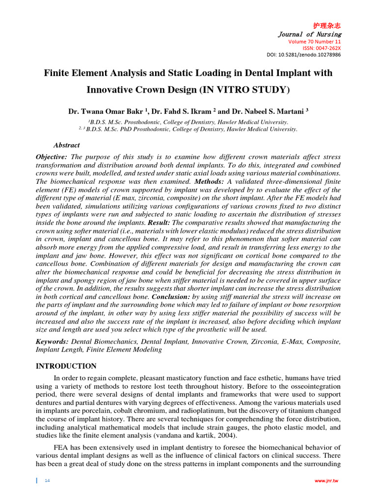 FINITE ELEMENT ANALYSIS AND STATIC LOADING IN DENTAL IMPLANT WITH INNOVATIVE CROWN DESIGN (IN ...