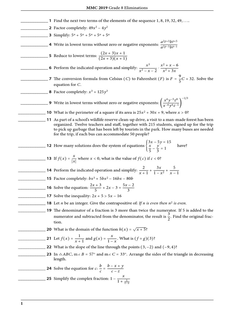 2019 Grade 8 MMC Exam Problems | PDF | Length | Mathematical Concepts