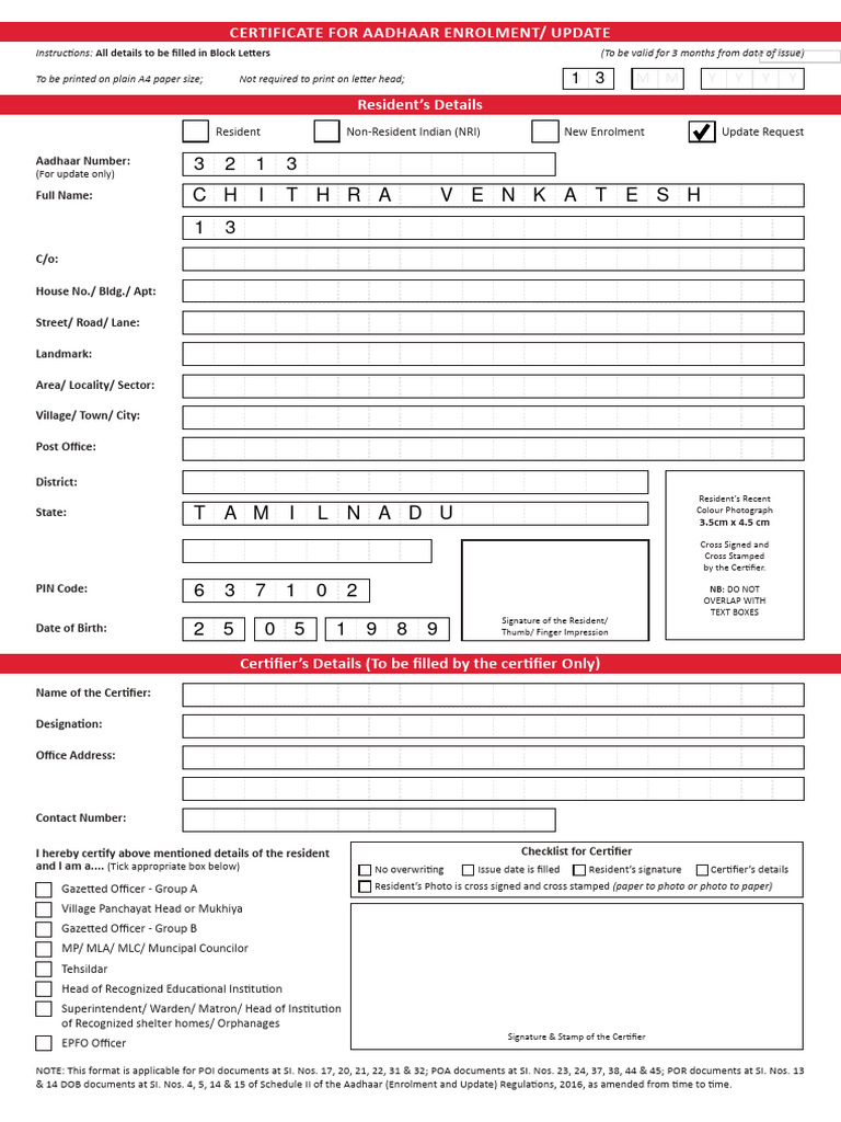 Aadhaar Certificate Fillable New Form | PDF | Written Communication