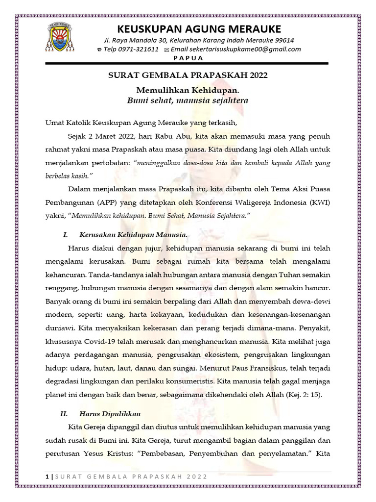Surat Gembala Prapaskah 2022 - KAMe | PDF