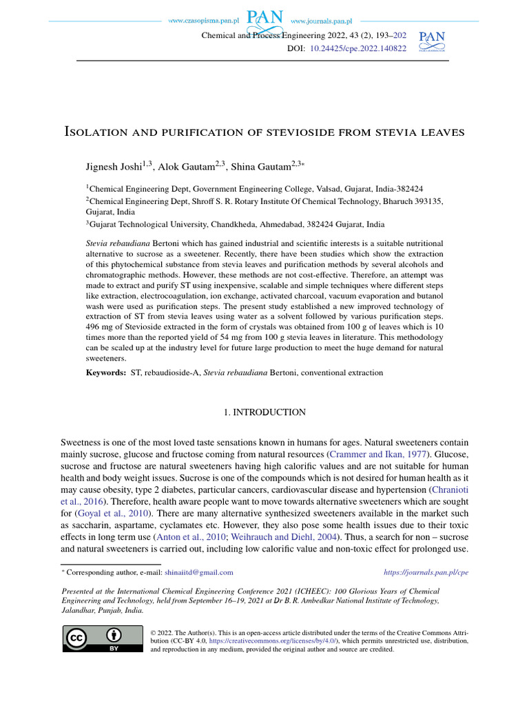 Isolation And Purification Of Stevia Pdf
