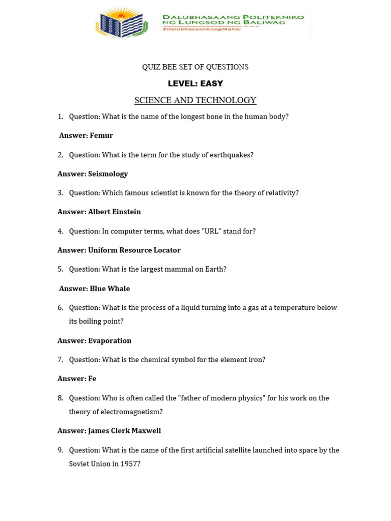 Quiz Bee Set of Questions (Science and Technology) | PDF | Quantum ...