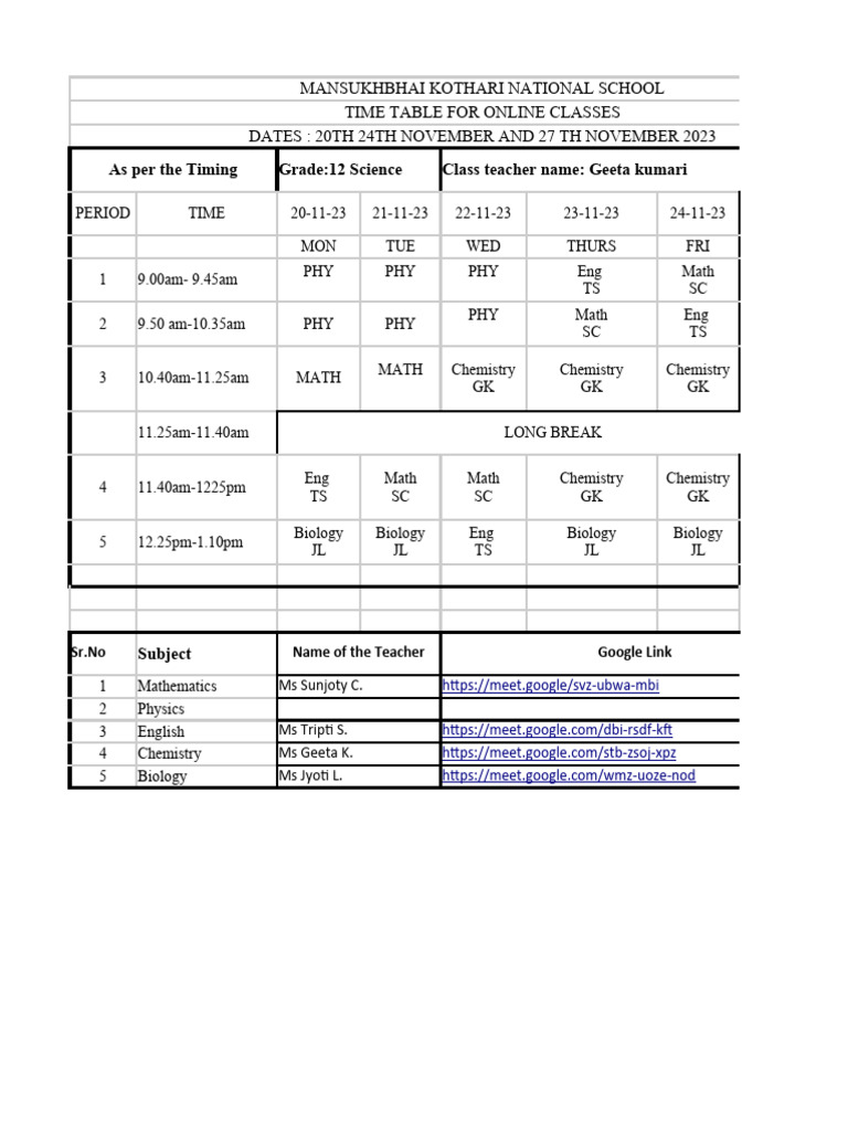 12-Science-Time Table For Online Classws | PDF | Science | Observation