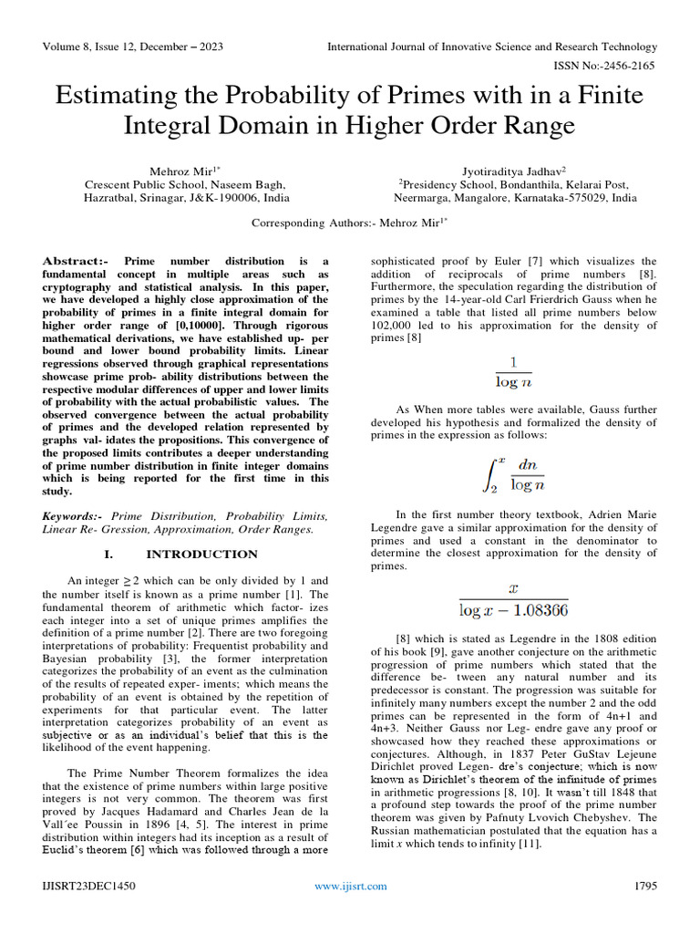 Estimating The Probability of Primes With in A Finite Integral Domain in Higher Order Range ...