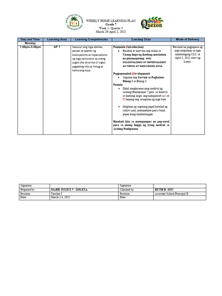 AP 7 q3 WHLP (Week 1) | PDF