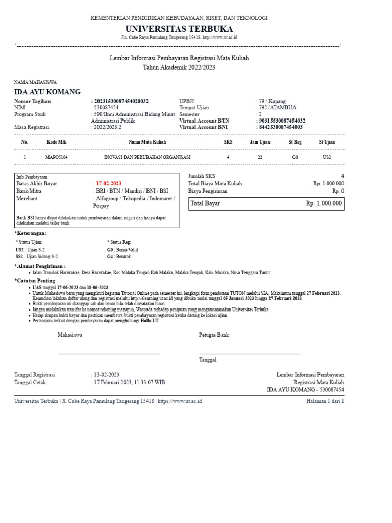 Billing Registrasi Mata Kuliah | PDF
