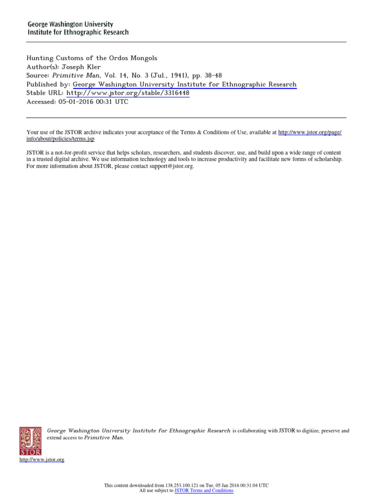 1941 - Joseph Kler - Hunting Customs of The Ordos Mongols | PDF