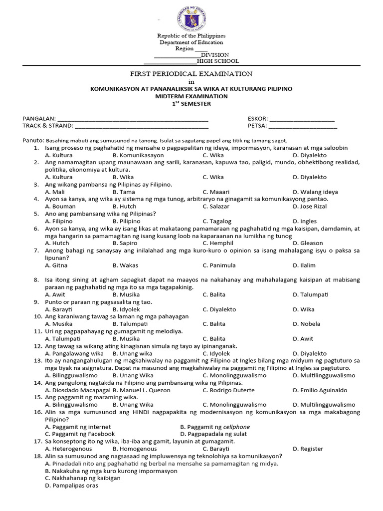PT Komunikasyon at Pananaliksik Sa Wika at Kulturang Pilipino Final Exam Q1 | PDF