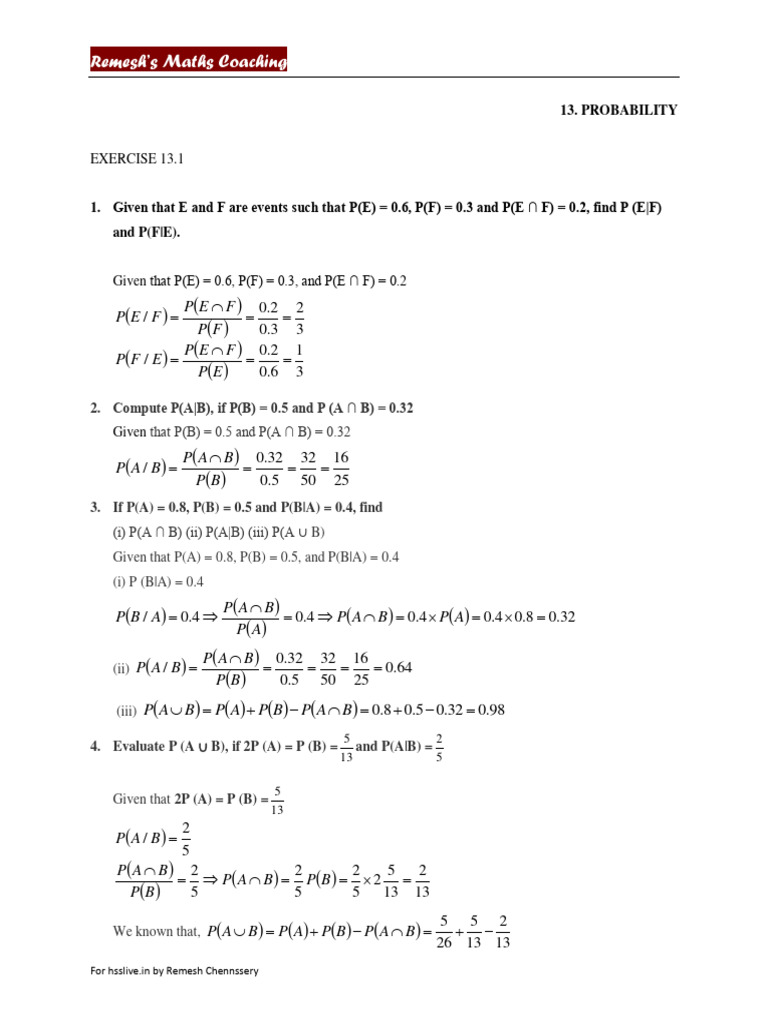 Probability Note Ex 13.1 - Hsslive | Download Free PDF | Mathematical Concepts | Statistics
