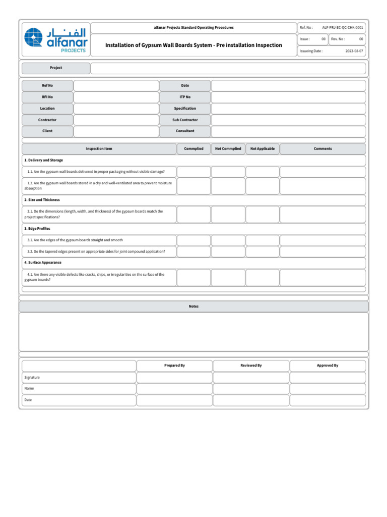 ALF-PRJ-EC-QC-CHK-0001 Installation of Gypsum Wall Boards System - Pre ...